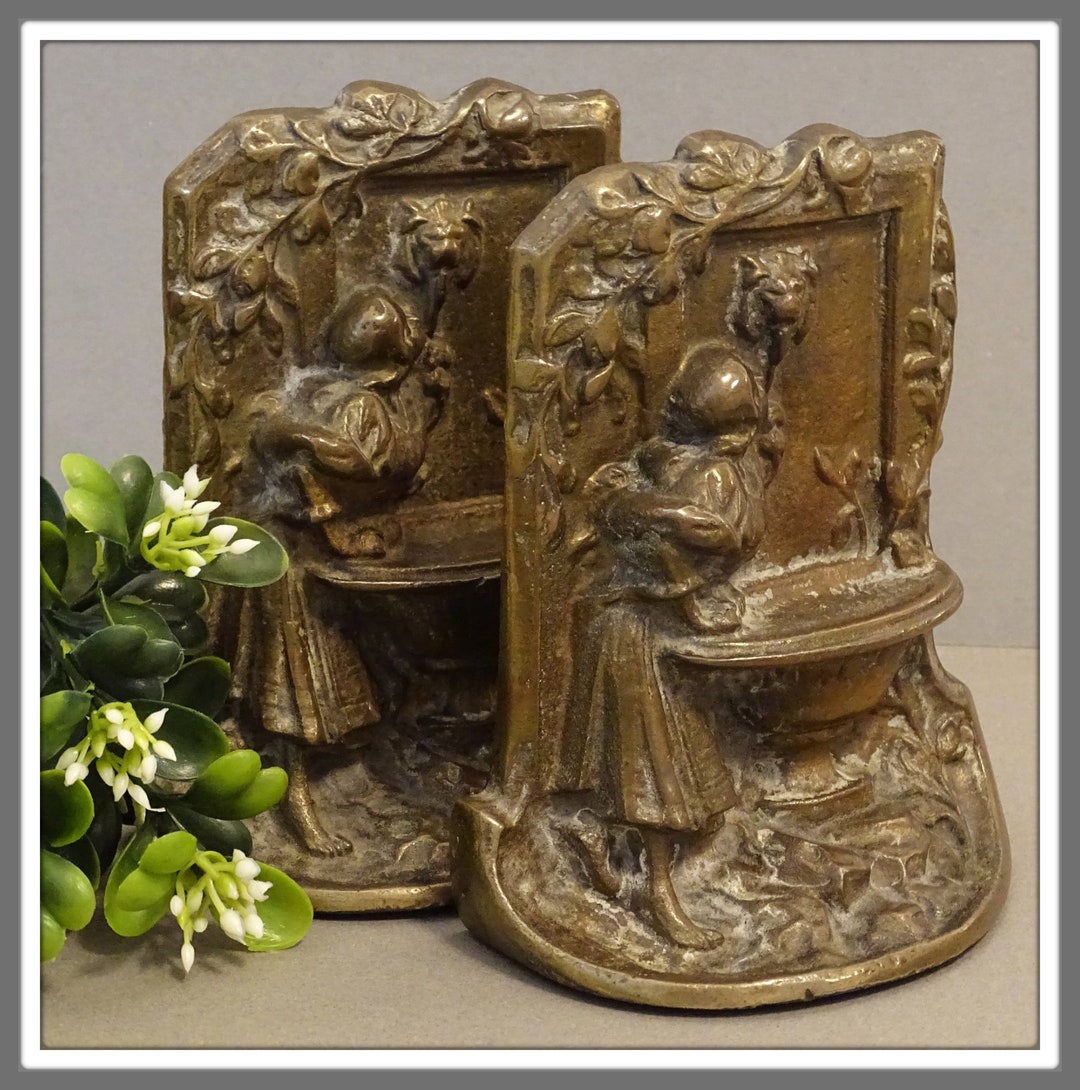 Antique Girl at Fountain Bookends, Art Nouveau Bookends, Maiden at ...
