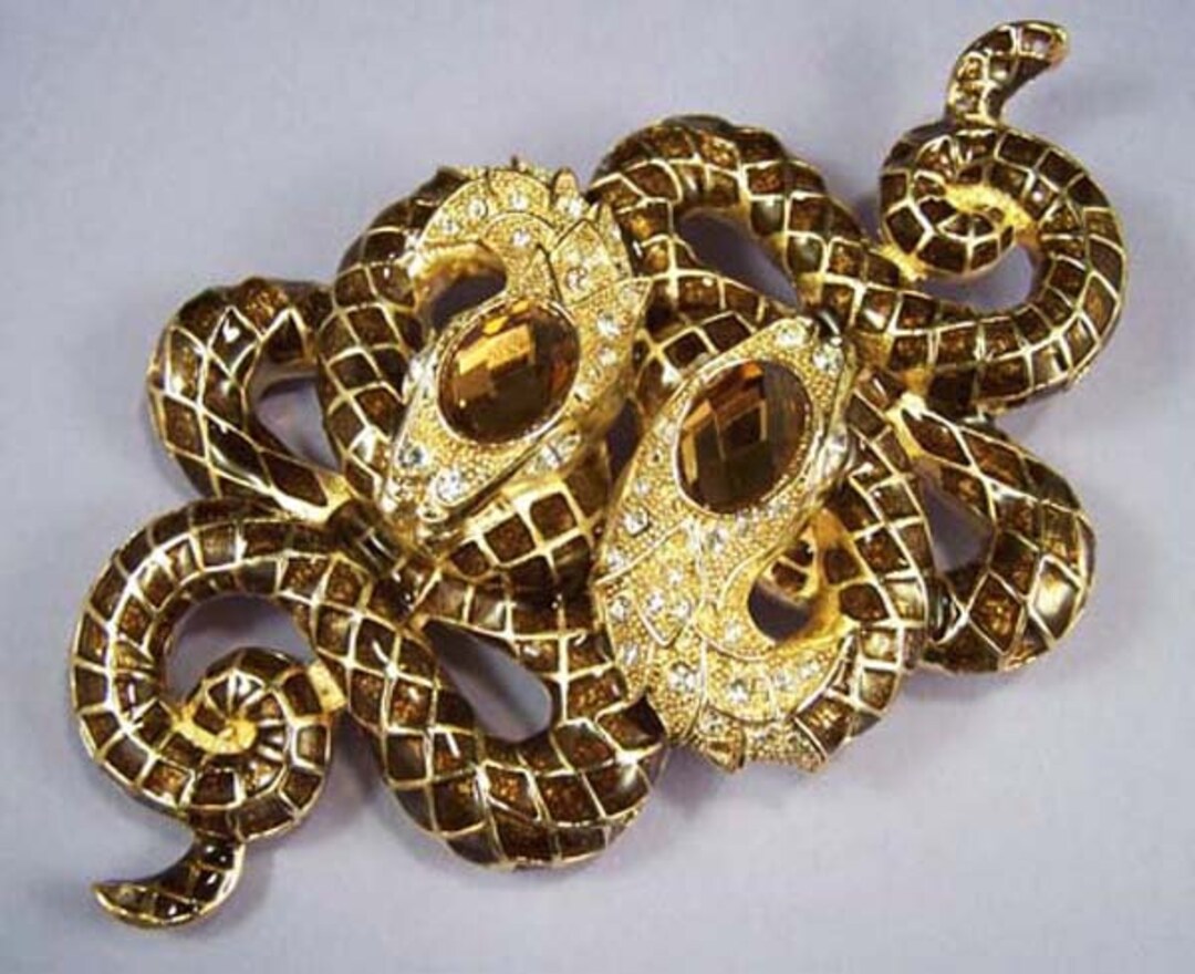 Double Intertwined Snakes Brooch Pin, Brown Rhinestone Double Snake ...