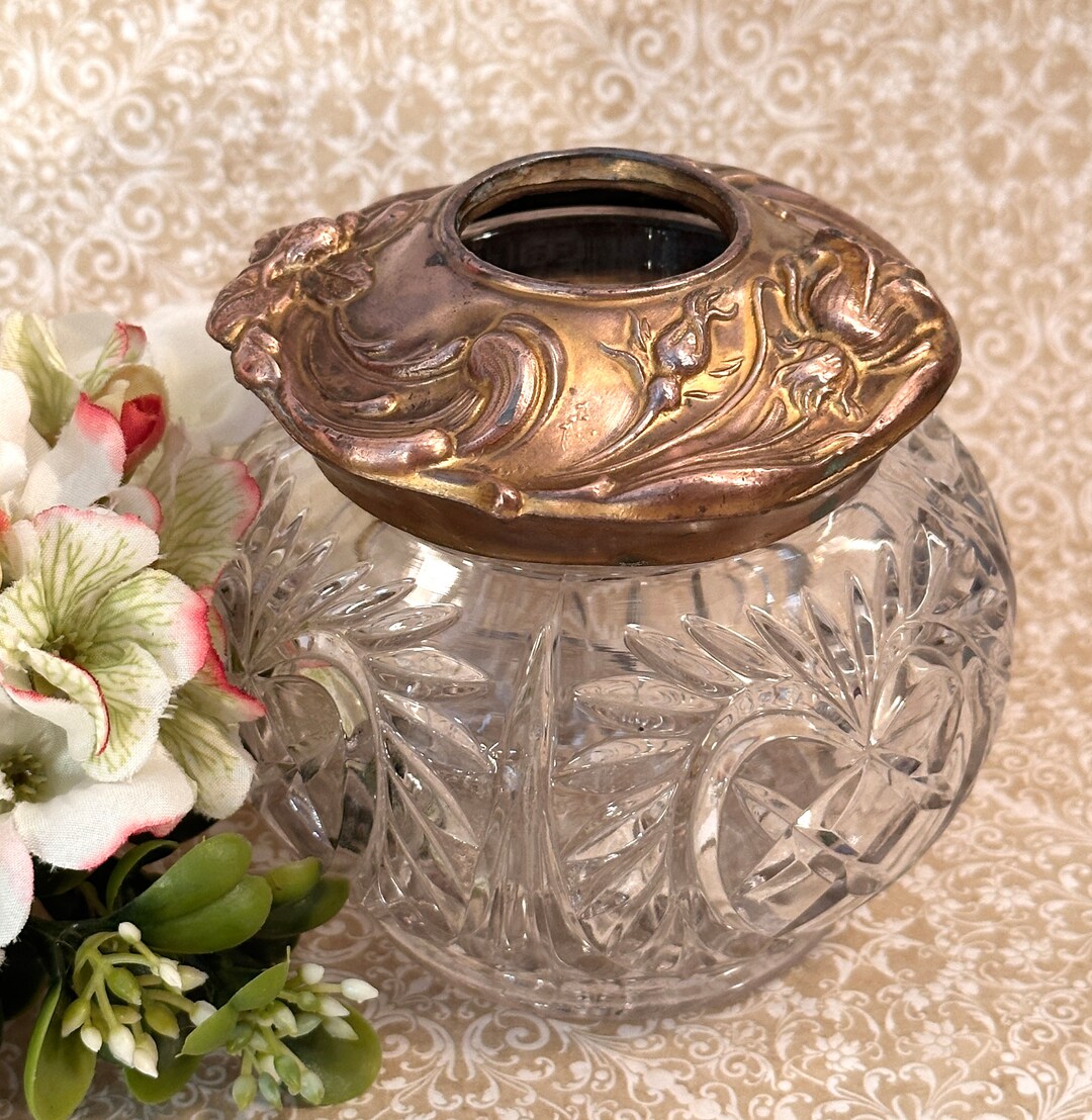 Antique Glass Dresser Jar, Pressed Glass Hair Receiver Jar, Gold and ...