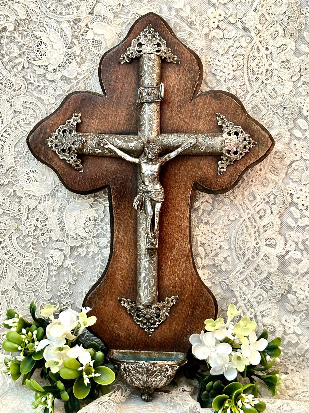 Antique French Cross Holy Water Font With Jesus, French Benetier ...