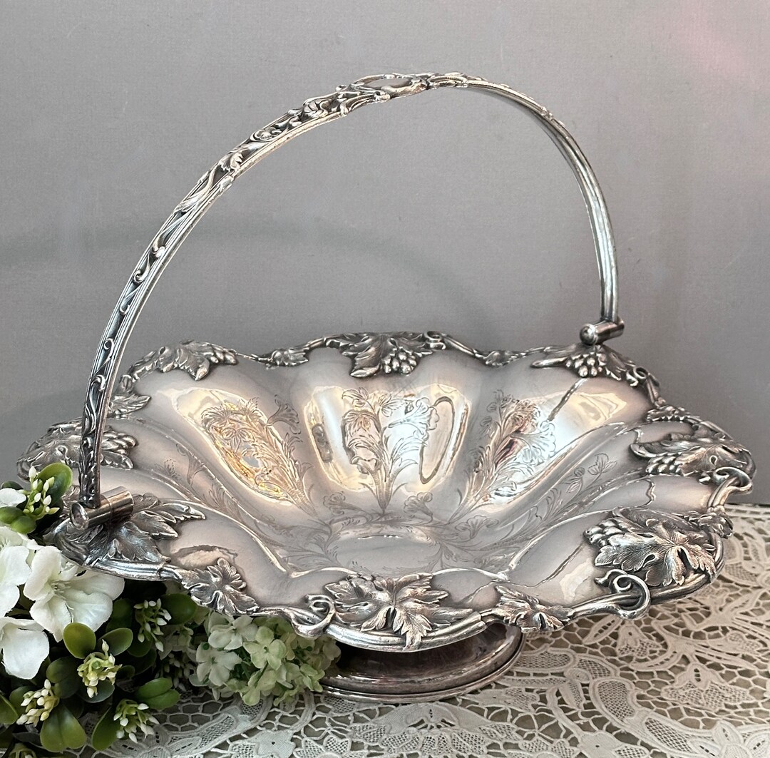 Antique Silver Serving Basket With Grape Pattern, Silver Bread Basket ...
