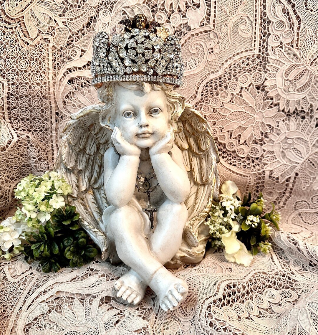 Cherub Statue With Crown, Crowned Cherub, Cherub Figure, Shabby Chic ...