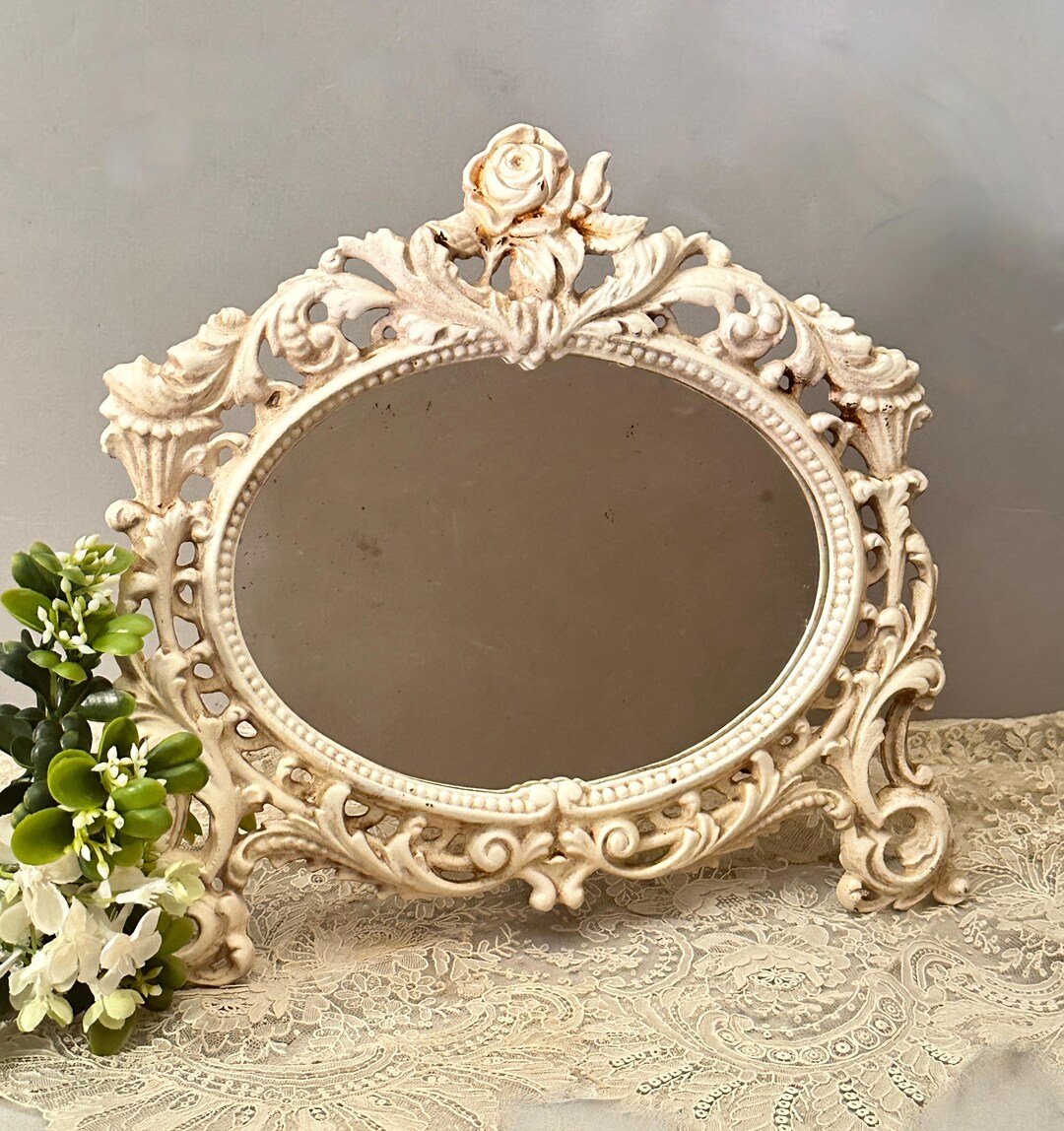 Vintage Cast Iron White Distressed Oval Tabletop Dresser Mirror With ...