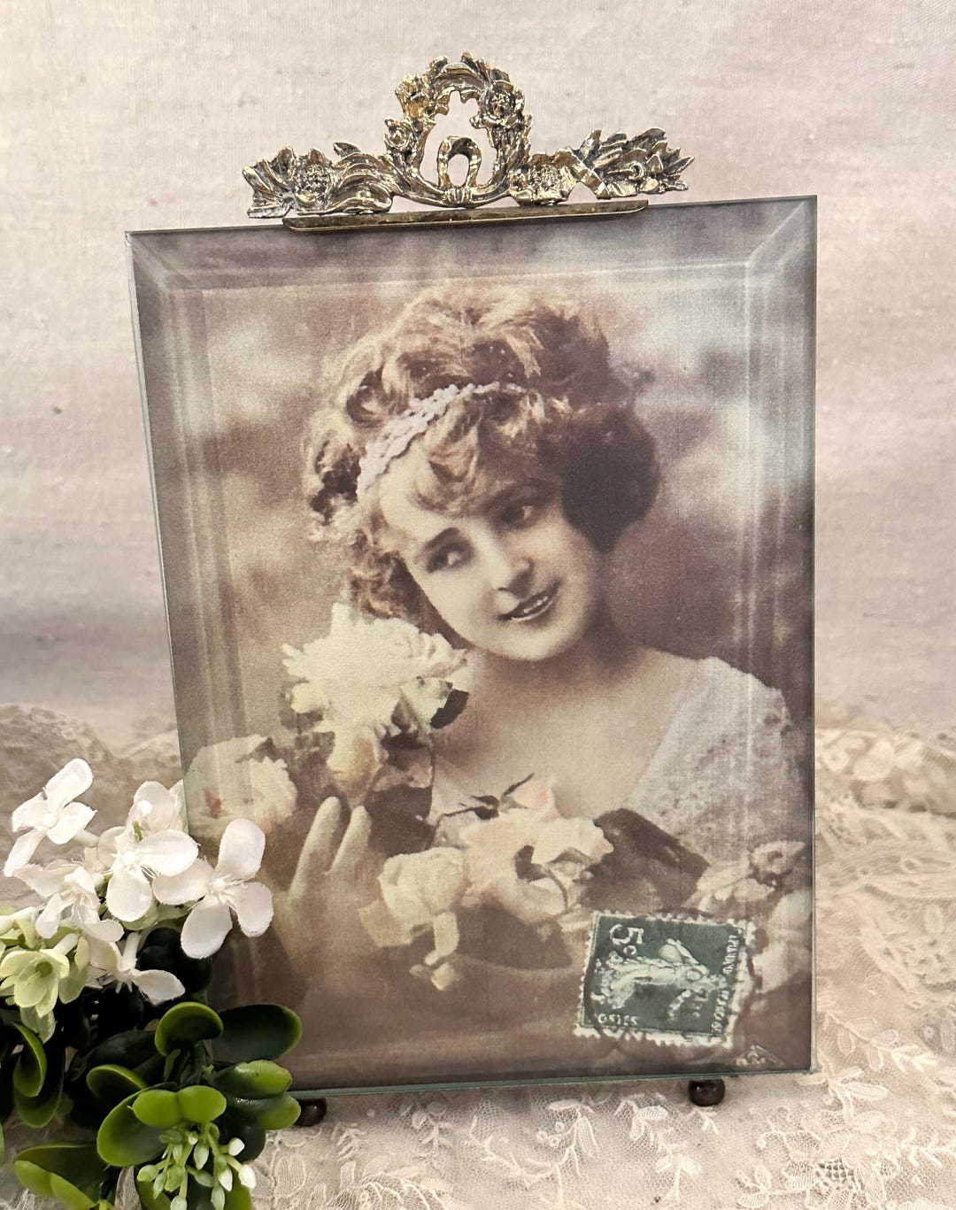 French Glass Easel Frame With Photo French Postcard of Lady, 5 X 7 ...