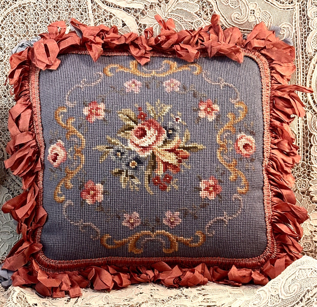 Vintage Needlepoint Pillow With Roses, Hand Made Blue Needlepoint ...