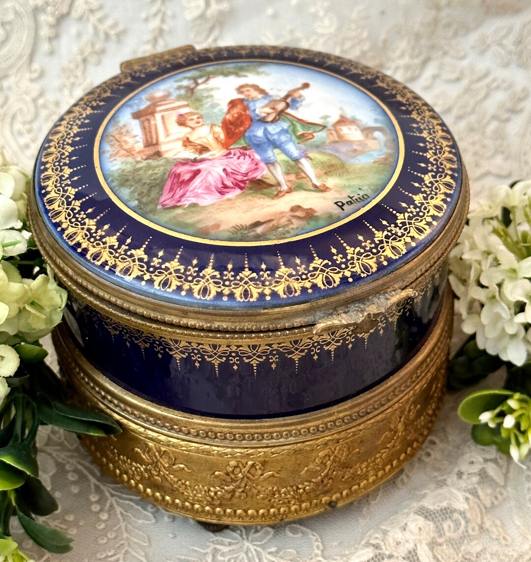 Blue Limoges Music Box Hand Painted Courting Scene, Le Petit Bleu ...