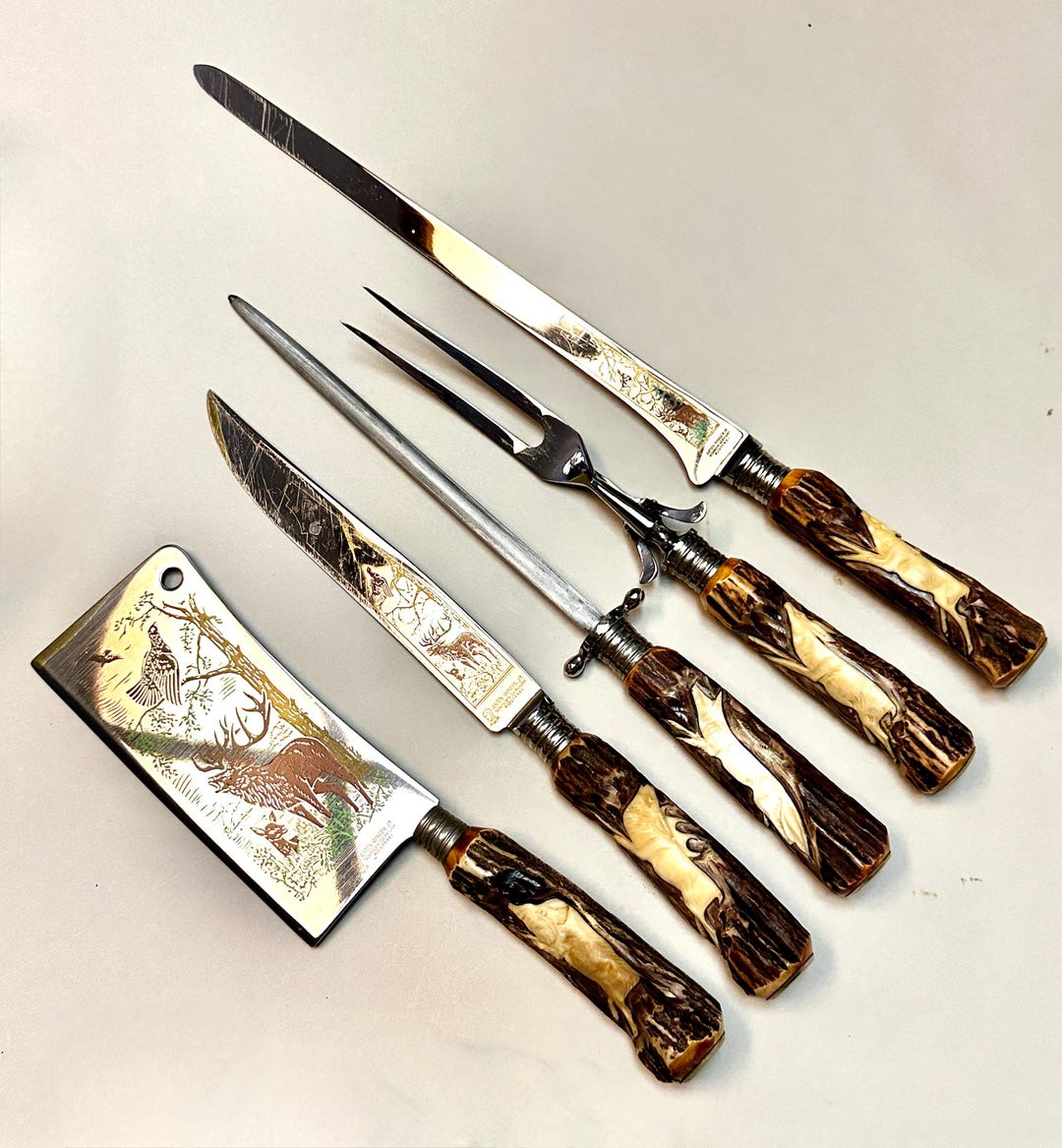 Stag Antler Meat Carving Set: Anton Wingen Jr Solingen Germany 5 Piece ...