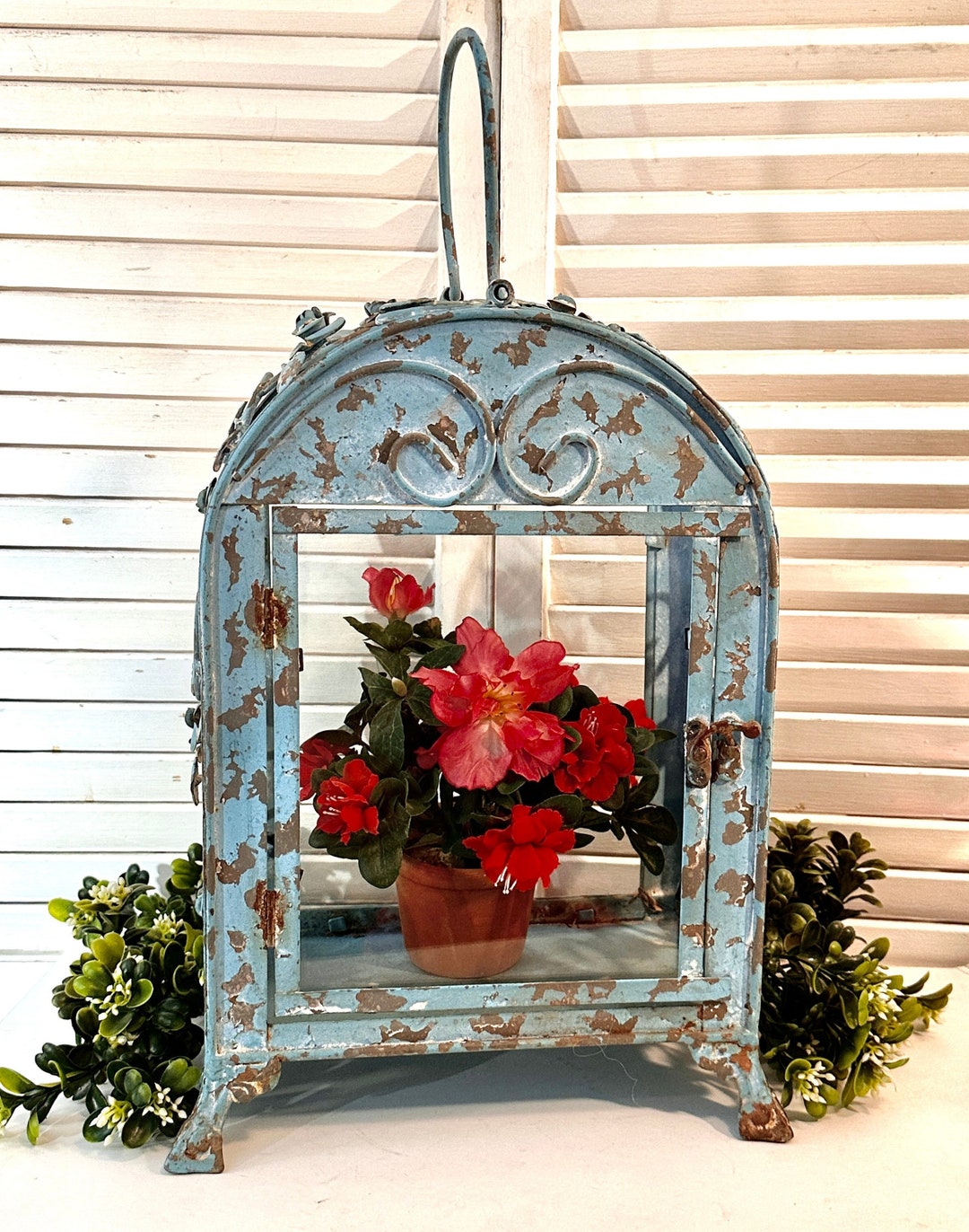 Vintage Blue Chippy Metal Glass Display Case, Metal Display Box With ...