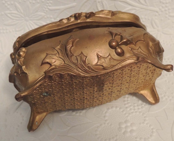 Gold Jewelry Casket with Holly, Antique Gold Metal Je… - Gem