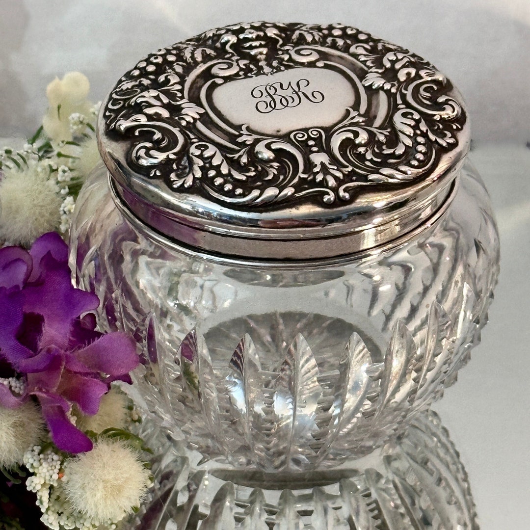 Antique Sterling Glass Dresser Jar With Faces and Grapes, Art Nouveau ...