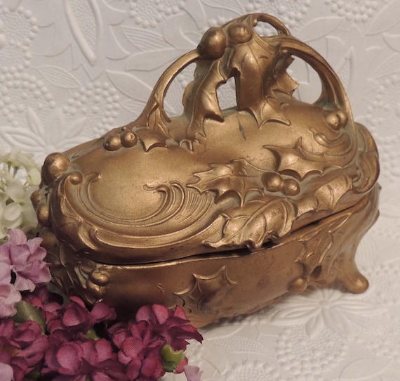 Gold Jewelry Casket with Holly, Antique Gold Metal Je… - Gem