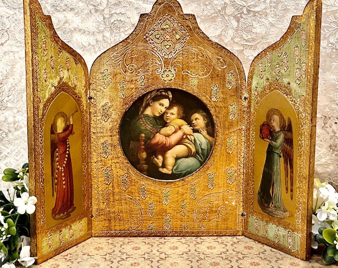 Vintage Florentine Folding Triptych Icon: Virgin Mary, Child & Saints ...