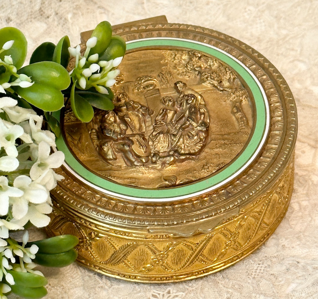 Vintage French Gold Powder Box With Musicians Green Enamel, Gold ...