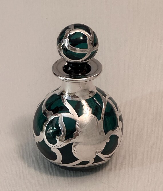 Art Nouveau Silver Overlay Green Glass Perfume Bottle… - Gem