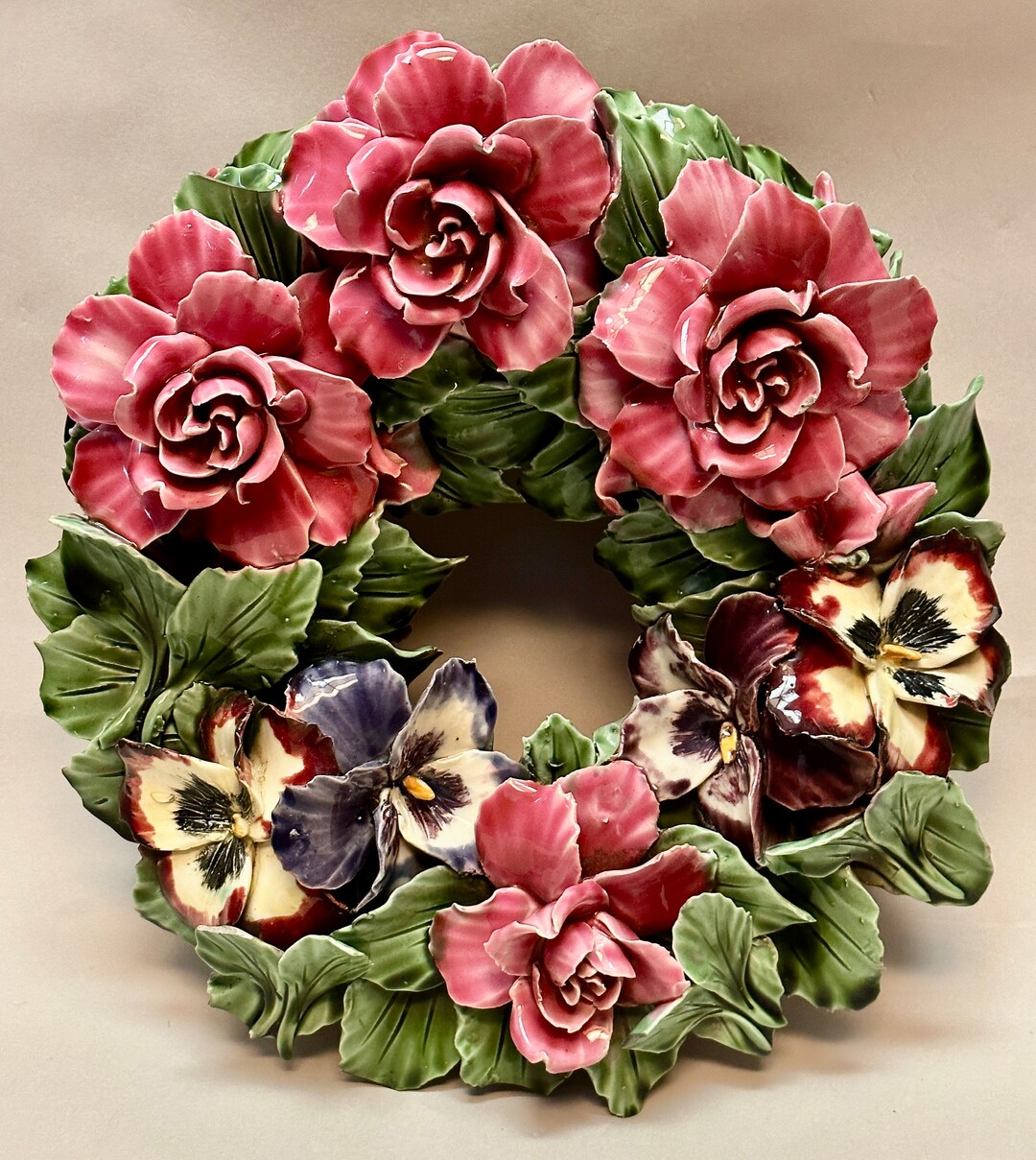 Antique French Majolica Wreath With Roses and Pansies, Porcelain ...