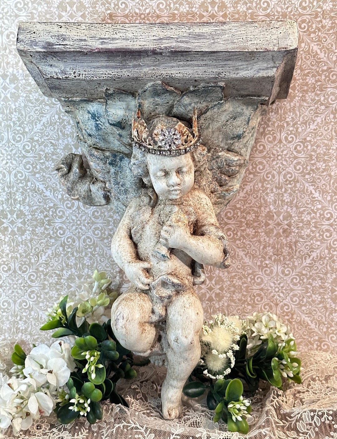 Vintage Wall Shelf With Cherub Angel, Cherub Shelf Bracket, Angel Wall ...