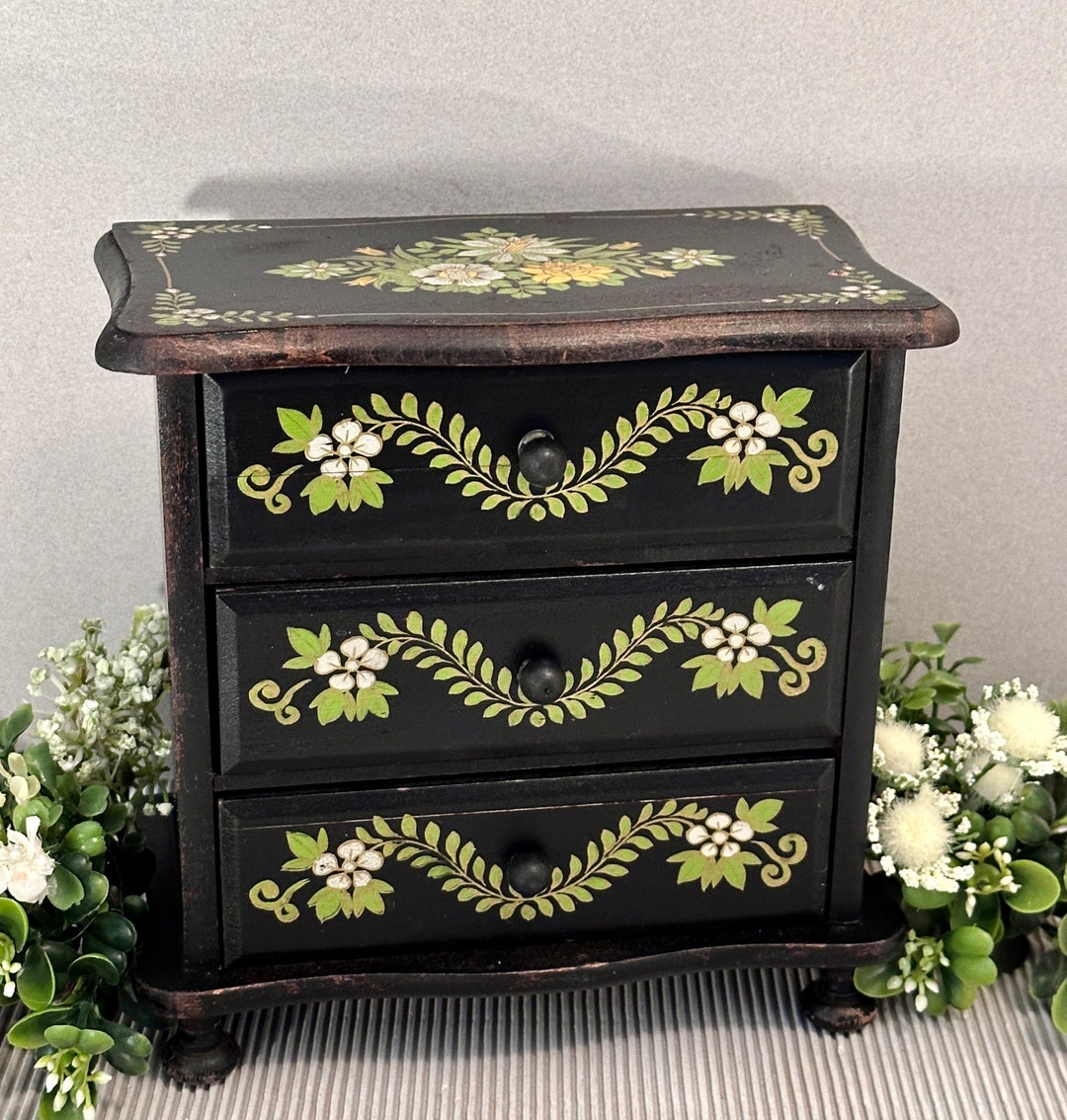 Vintage Small French 3 Drawer Chest, Black Wood Tole Hand Painted ...