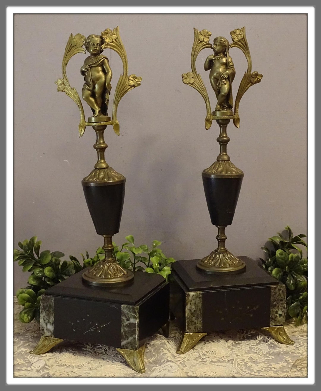 Antique Bookends With Cherubs Pair, French Figural Bronze Marble ...