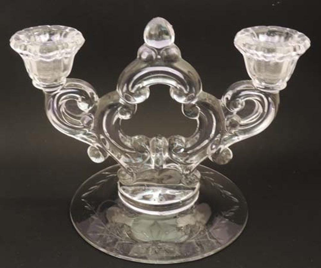 Pair of Cambridge Glass Rose Point Keyhole Candleholders, Cambridge ...