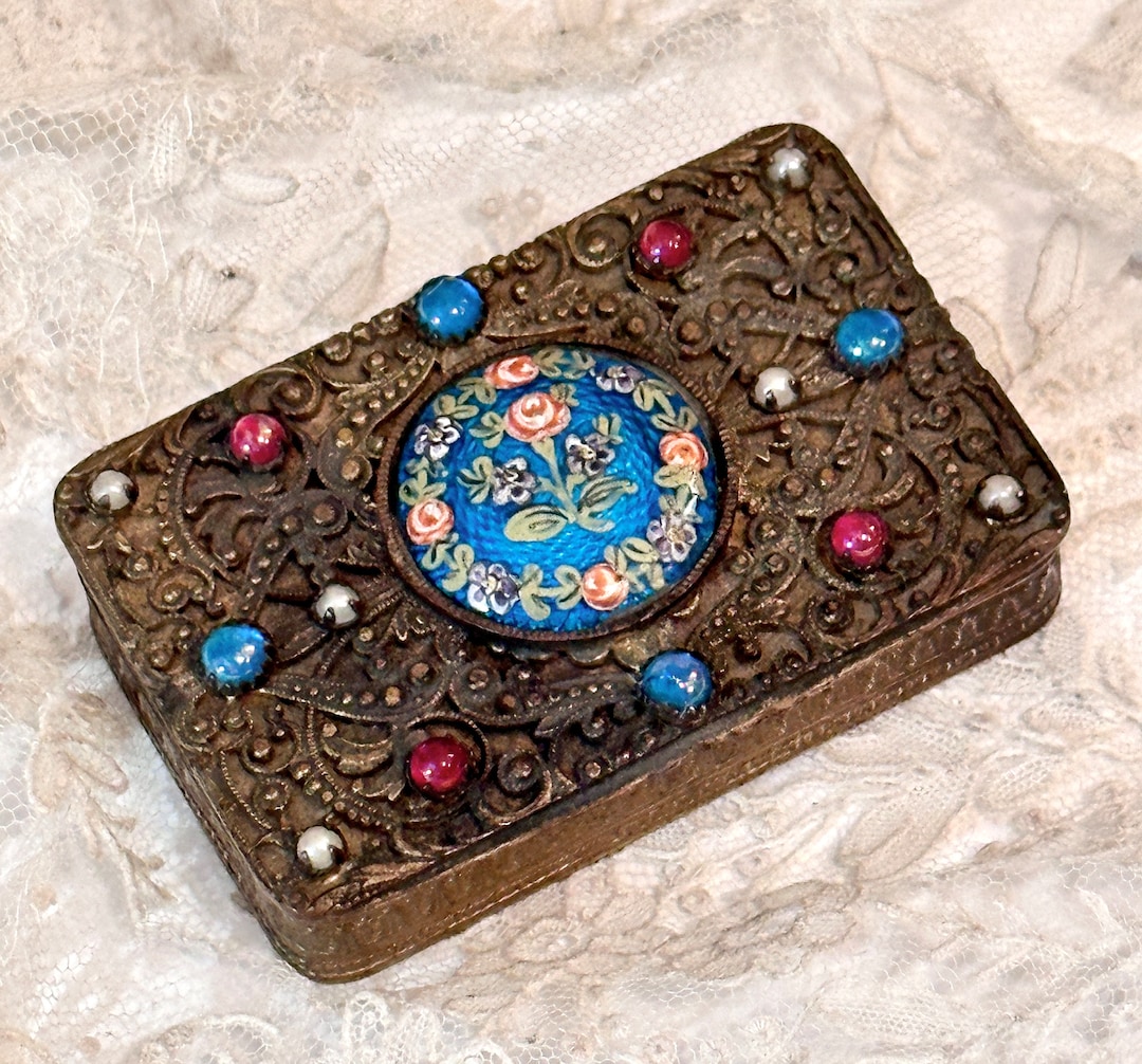 Antique French Bronze Guilloche Pill Box With Jewels, Gemstone Jeweled ...