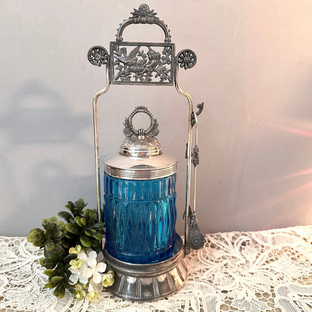 Antique Victorian Silver Blue Glass Pickle Castor Jar, Aesthetic ...