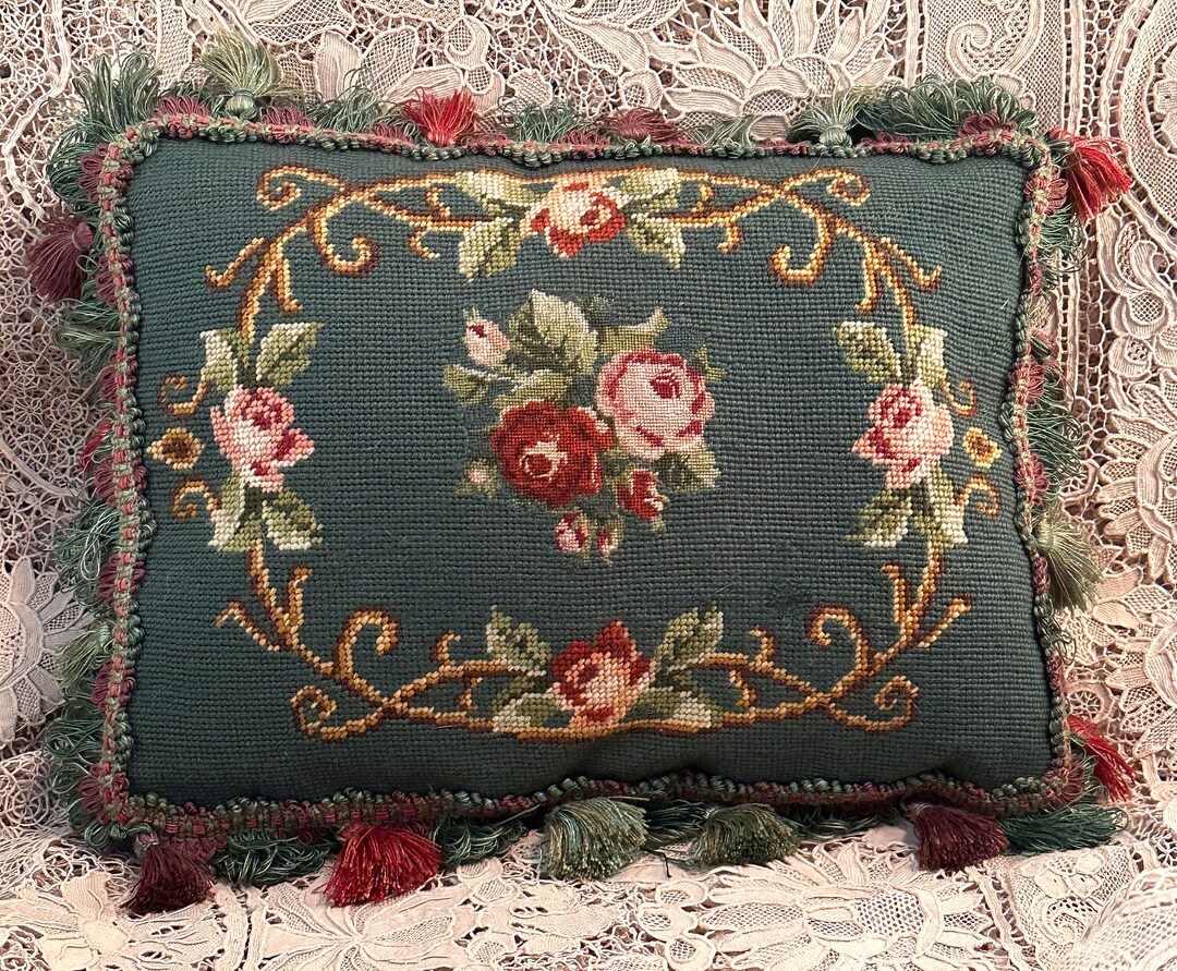 Vintage Green Petit Point Needlepoint Pillow With Roses, Hand Made ...