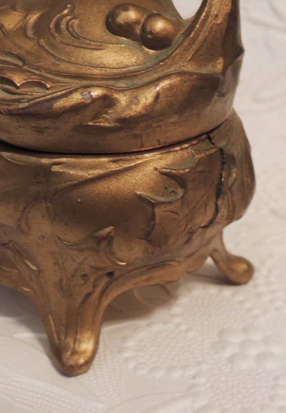 Gold Jewelry Casket with Holly, Antique Gold Metal Je… - Gem