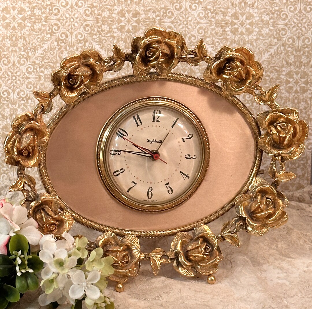 STYLEBUILT Clock With Roses, Electric Decorative Gold Clock With Roses ...