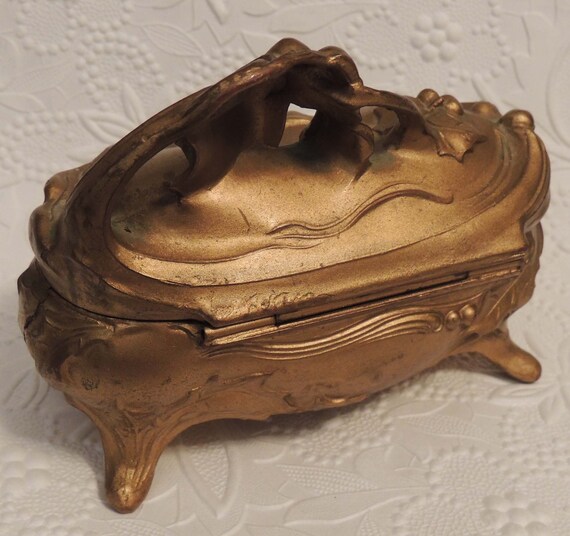 Gold Jewelry Casket with Holly, Antique Gold Metal Je… - Gem