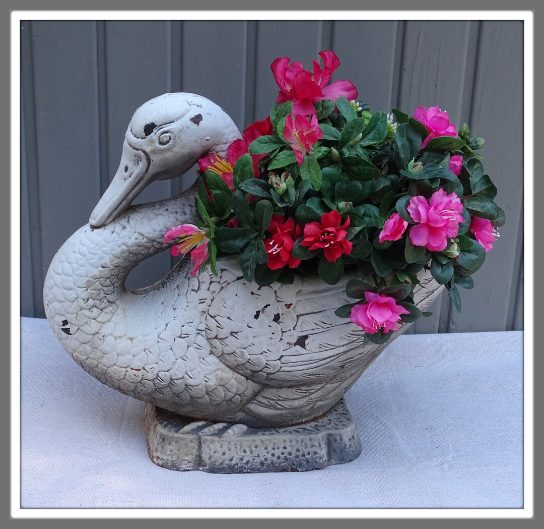 Vintage Iron Swan Planter, Shabby Chic White Swan Garden Planter, Cast ...