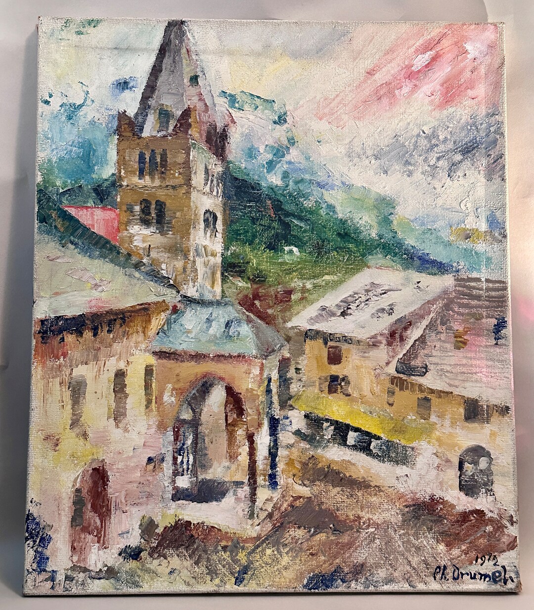 Vintage Original Oil on Canvas Church Scene, French Oil Painting of ...