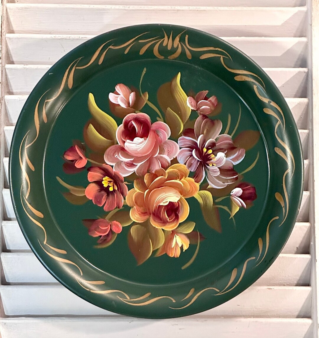 Vintage Mid Century Tole Floral Plate With Pocket, Green Floral Metal ...