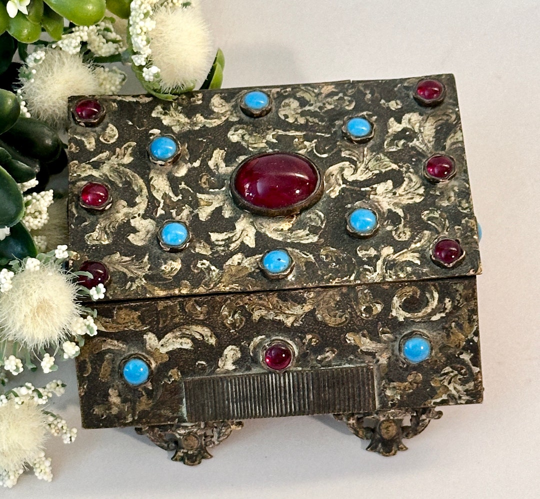 Antique Metal Box With Jewels, Jeweled Metal Keepsake Box, Ornate Brass ...
