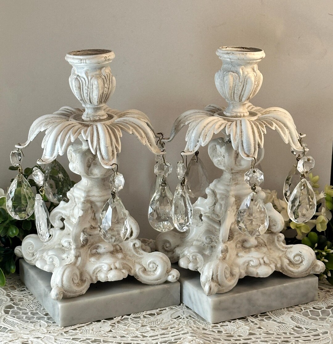 Vintage Italian Candlestick Holders With Crystal Prisms, Shabby Chic ...