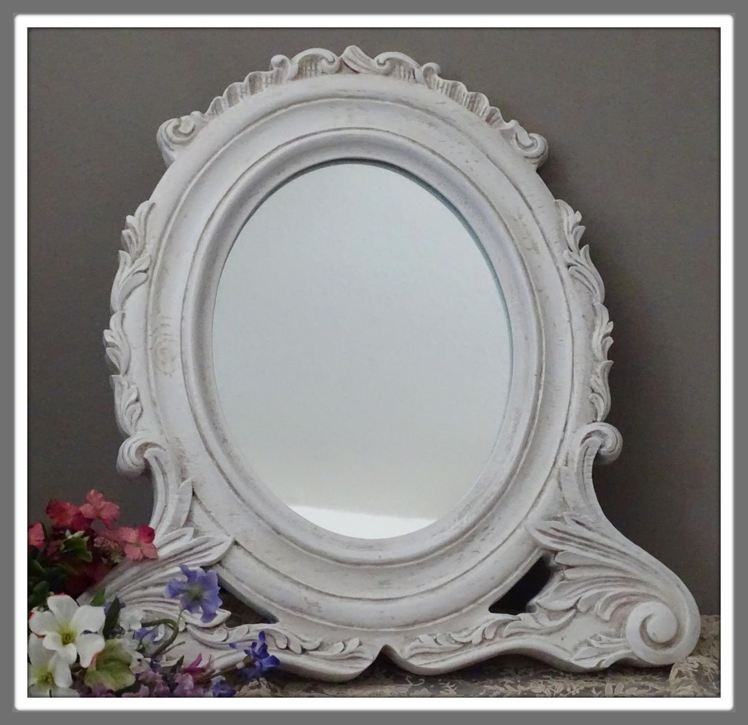 Vintage White Oval Mirror, Vanity Table Top Mirror Easel Back, White ...