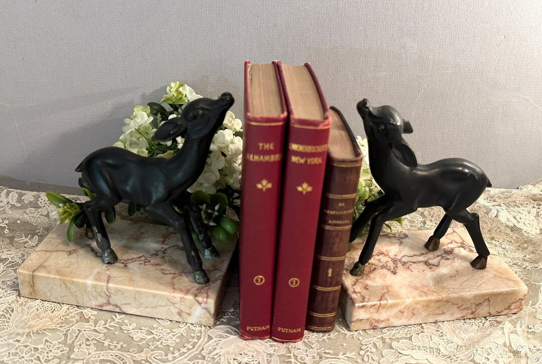Vintage French Bookends With Deer, Marble and Metal Iron Fawn Bookends ...