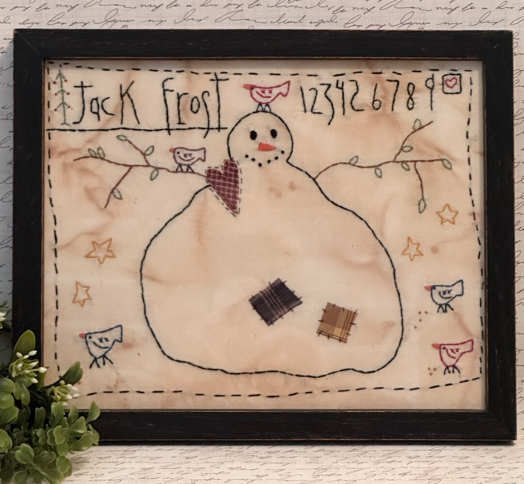 Jack Frost Primitive Hand Stitched Sampler, Framed Sampler, Primitive ...