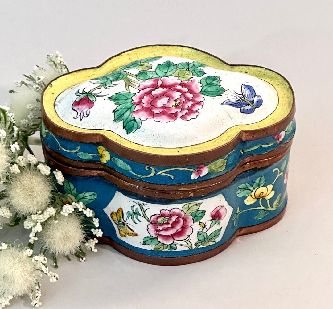Vintage Chinese Enamel Box, Floral Enamel Box With Butterflies, Enamel ...