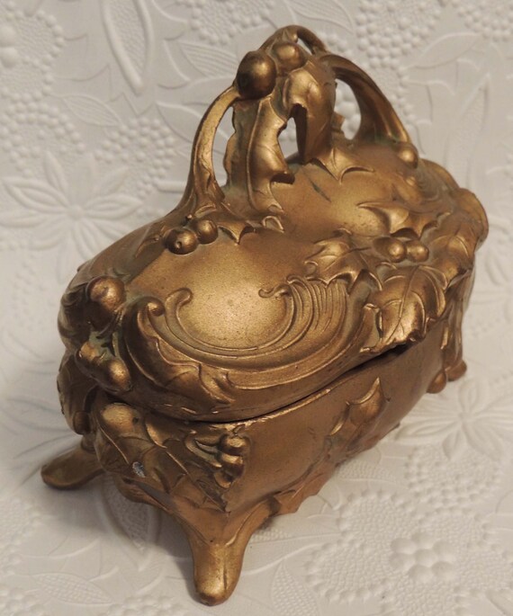 Gold Jewelry Casket with Holly, Antique Gold Metal Je… - Gem