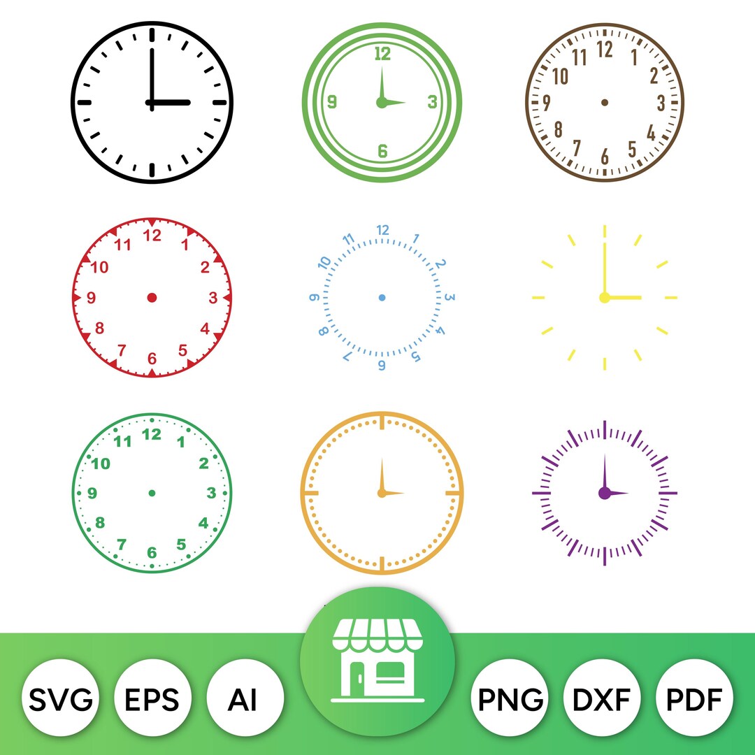 Printable & Editable Clock Faces SVG Bundle | 9 Colorful Analog Clock ...