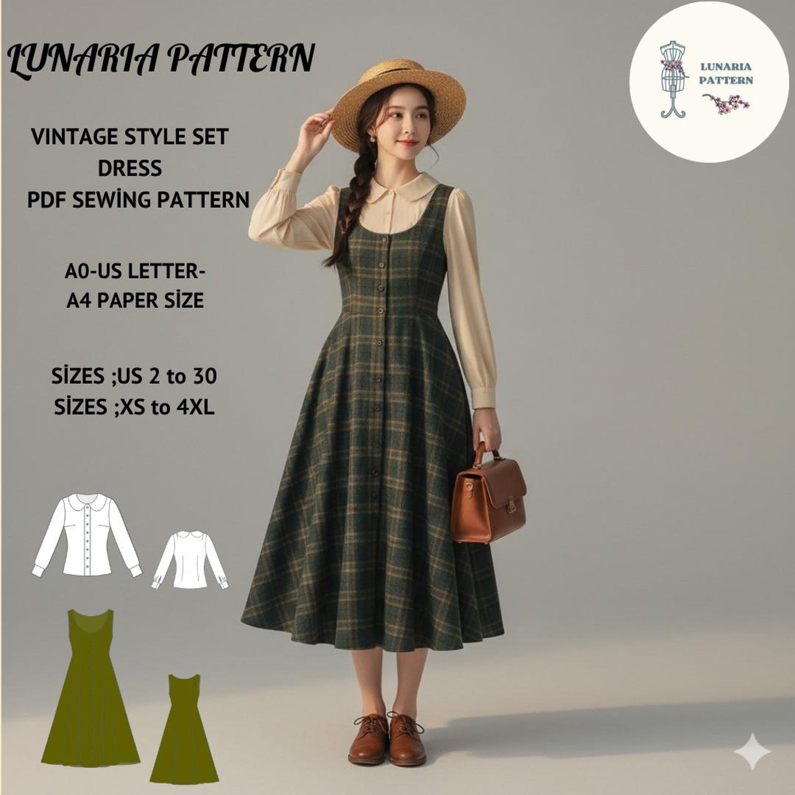 Vintage Plaid Jumper Dress Sewing Pattern: Cottagecore Midi (digital ...