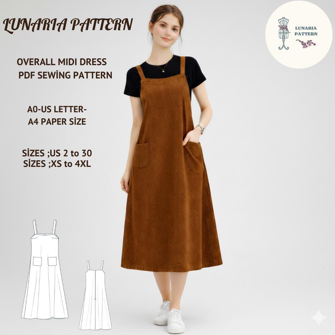 Midi Overall Dress Sewing Pattern | A-line Pinafore, US 2-30 (PDF ...