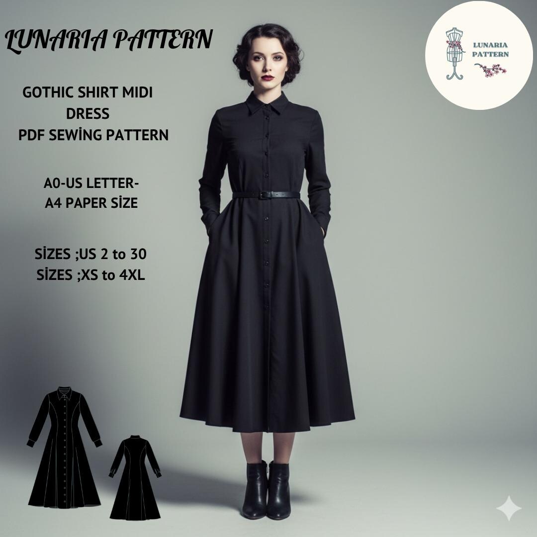 Gothic Shirt Dress Sewing Pattern, Button Front Midi Dress (PDF Digital ...