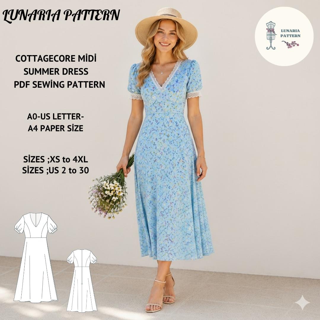 Cottagecore Midi Dress Sewing Pattern PDF | Vintage Floral Summer Dress ...