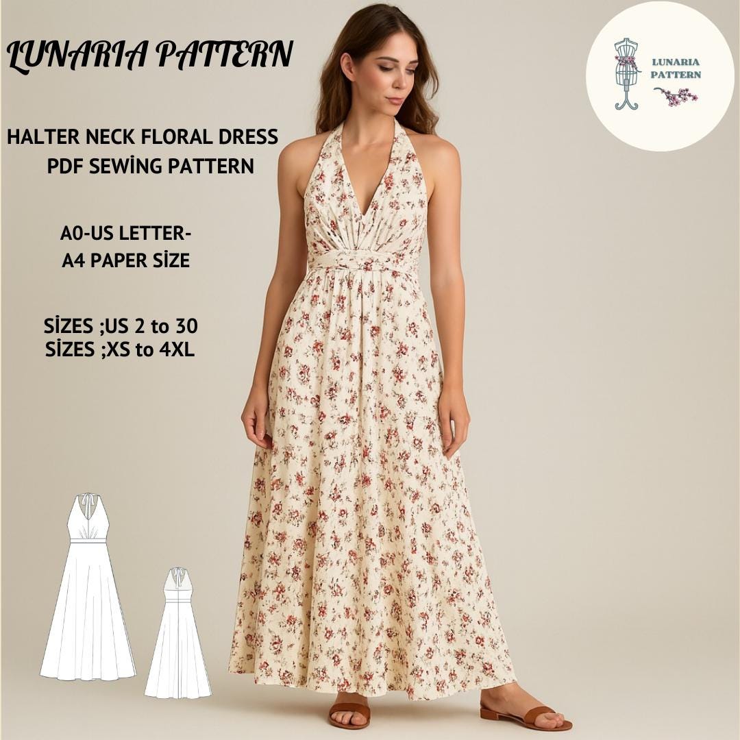 Open Back Halter Neck Fairy Dress Sewing Pattern,floral Dress,maxi ...