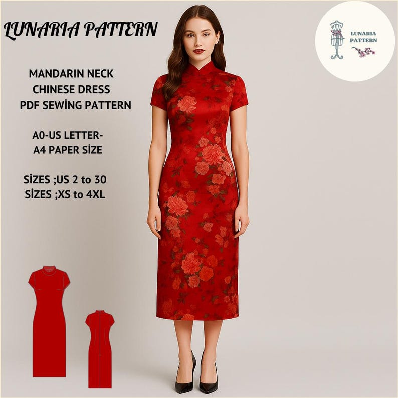 Red Cheongsam Dress Sewing Pattern:mandarin Collar Qipao (PDF Download ...