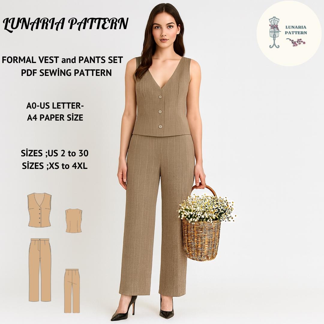 Elegant Pantsuit Sewing Pattern | Sleeveless Vest and Straight Pants ...