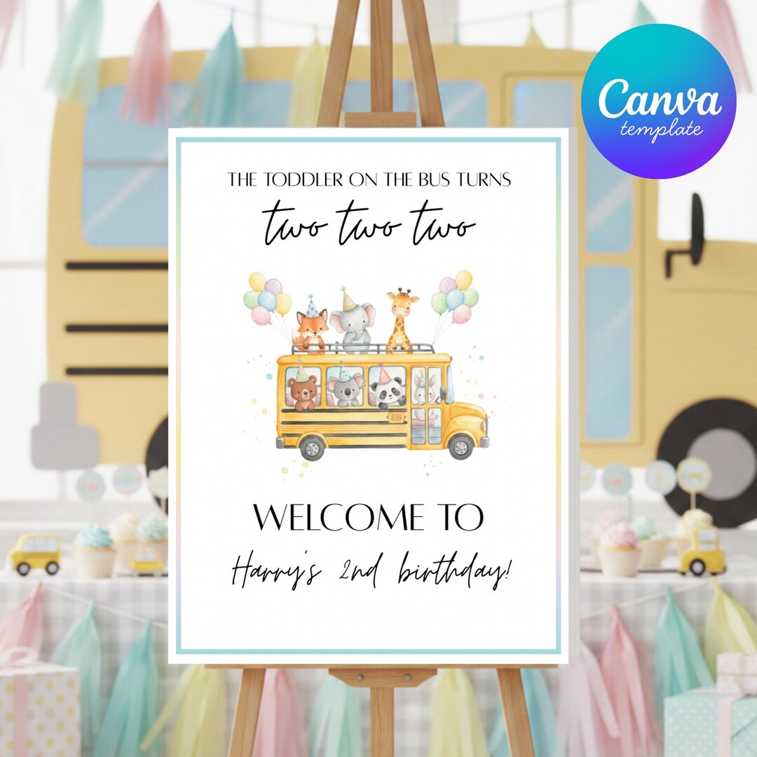 Wheels on the Bus Birthday Welcome Sign, Editable Canva Template, Boy ...