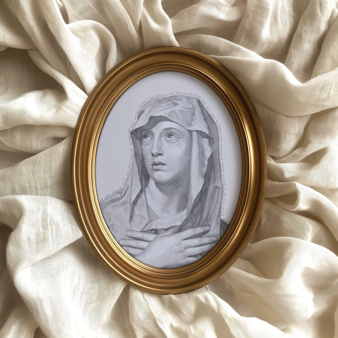 Hail Mary Illustrative Portrait | Virgin Mary Engraving Art Print ...