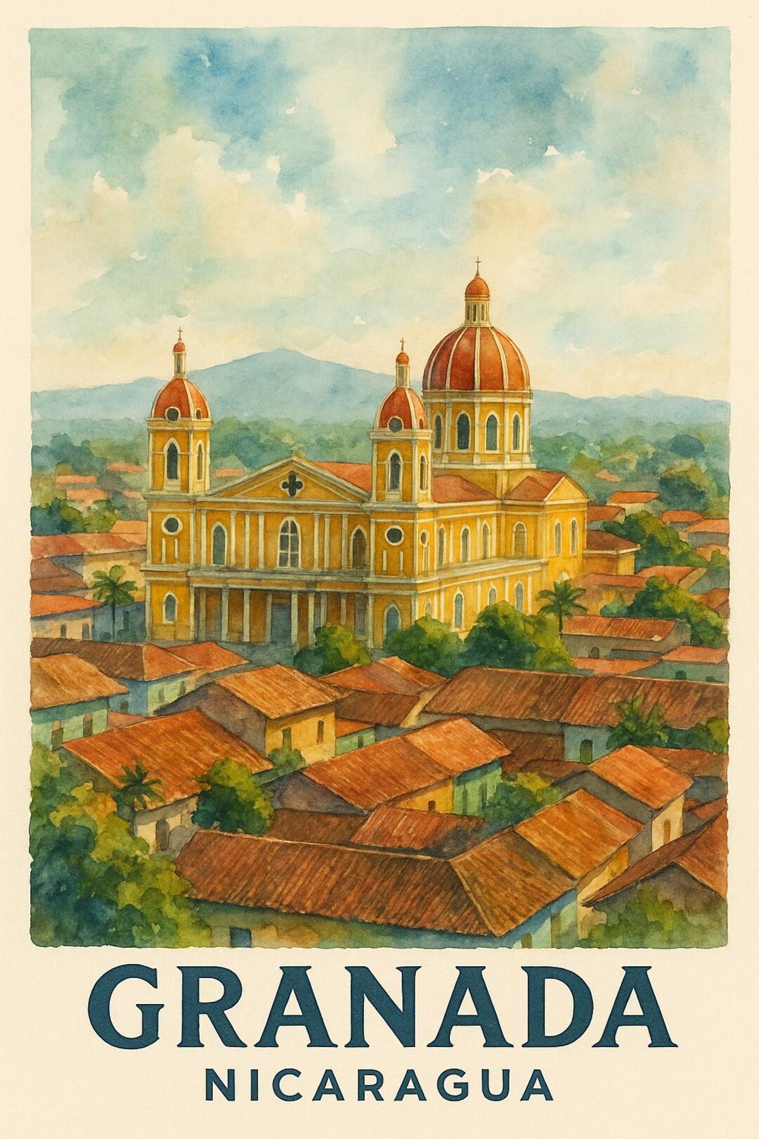 Granada Nicaragua Poster – Watercolor Print of Cathedral – Colonial ...